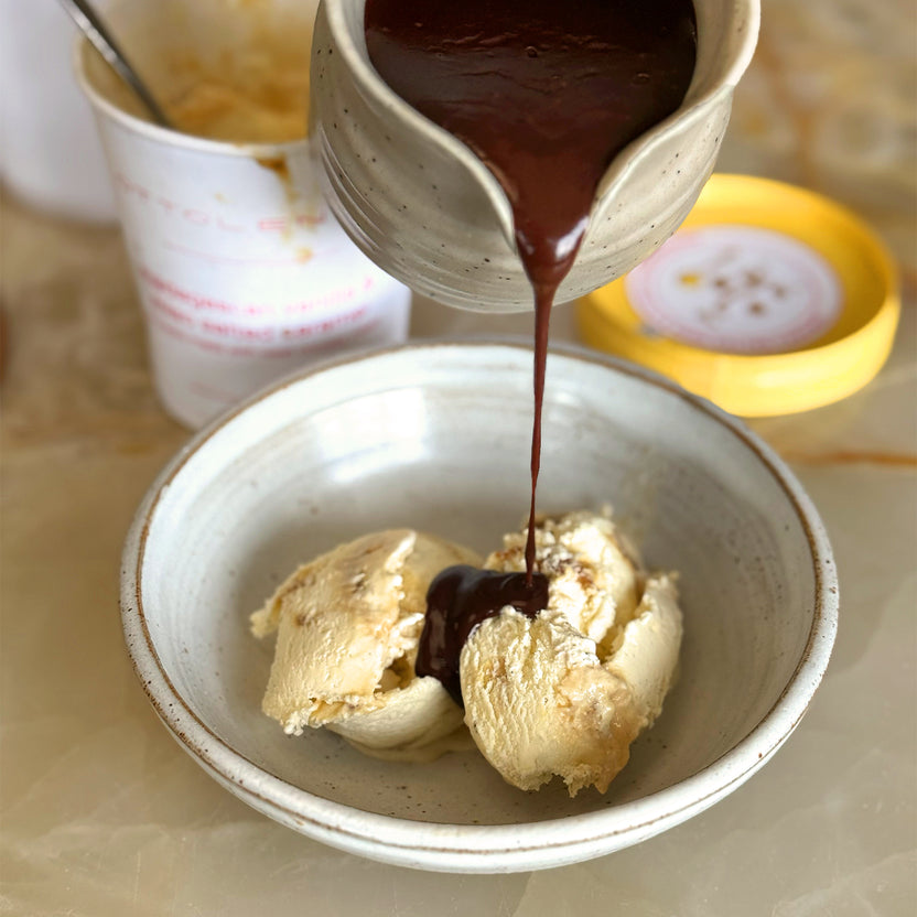 Malty chocolate fudge sauce with sesame sprinkle | Ottolenghi Recipes