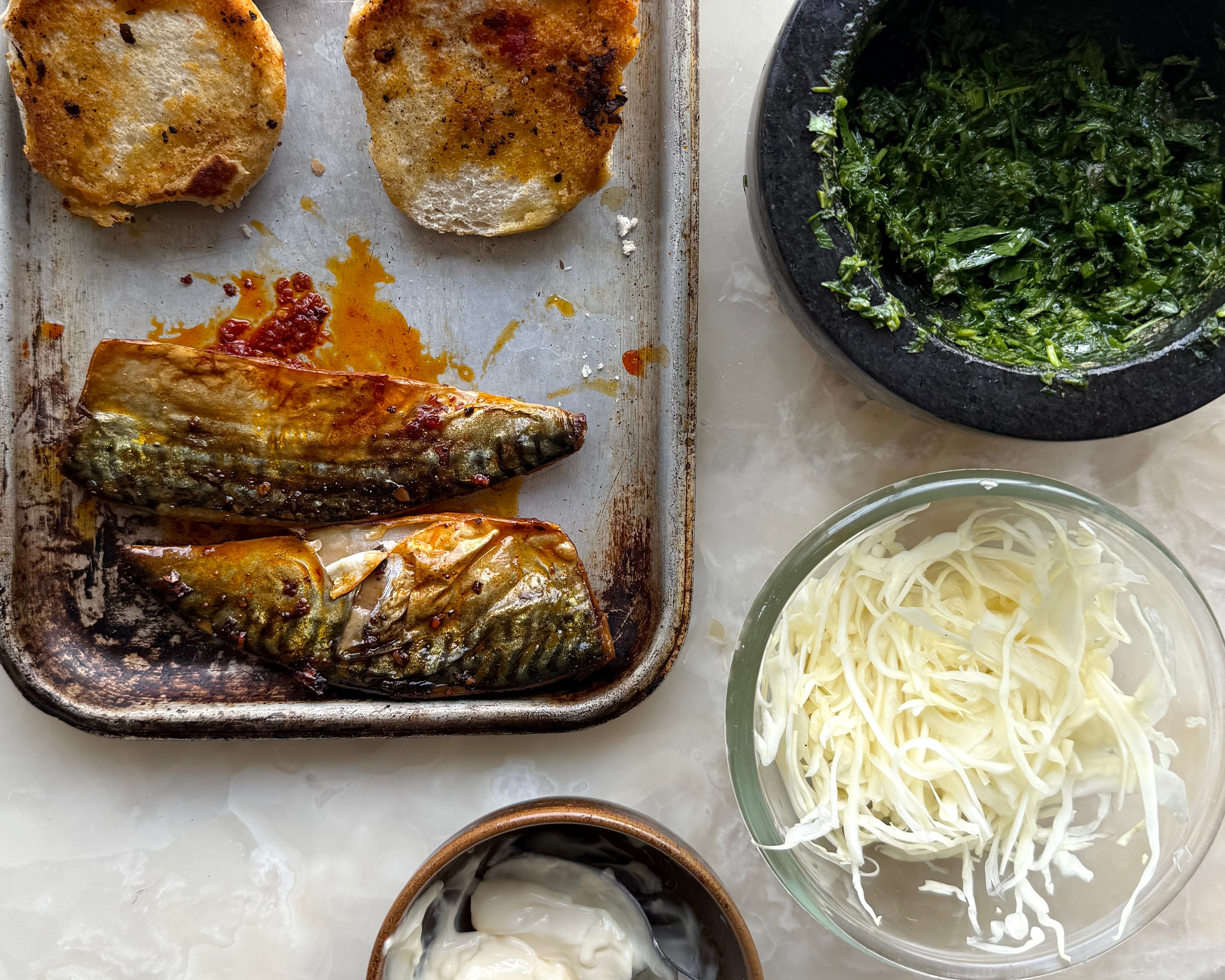Fried harissa mackerel buns with chimichurri | Ottolenghi