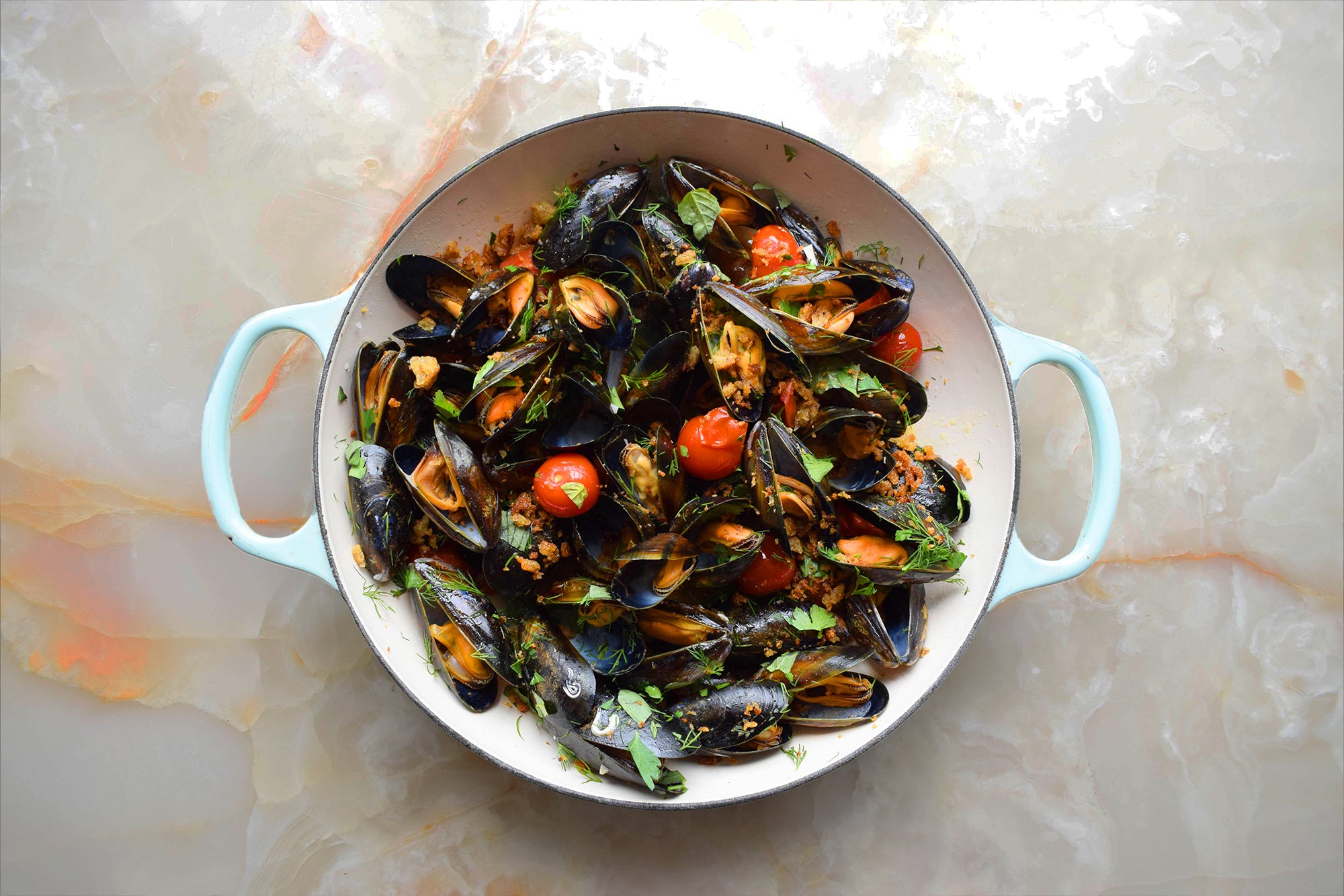 Steamed mussels with herbs and crisp breadcrumbs | Ottolenghi Recipes